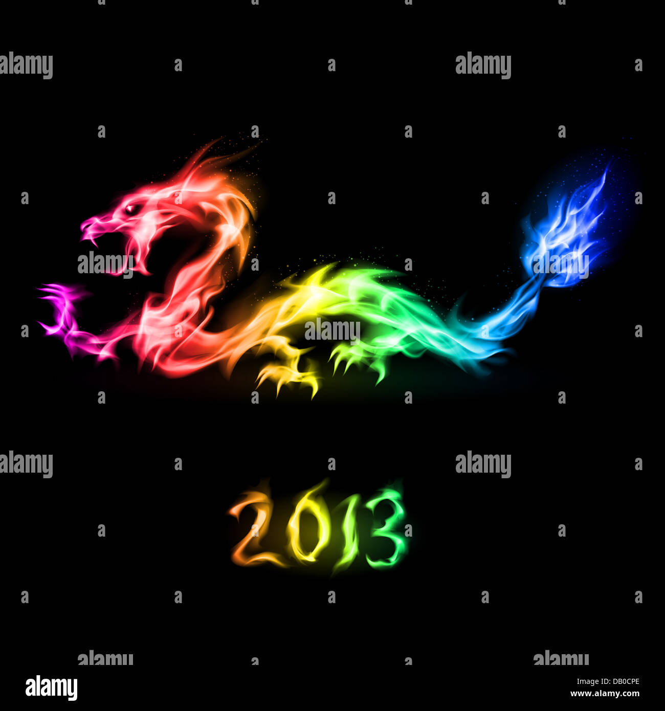 Fiery rainbow dragon. Illustration on black background for design Stock ...