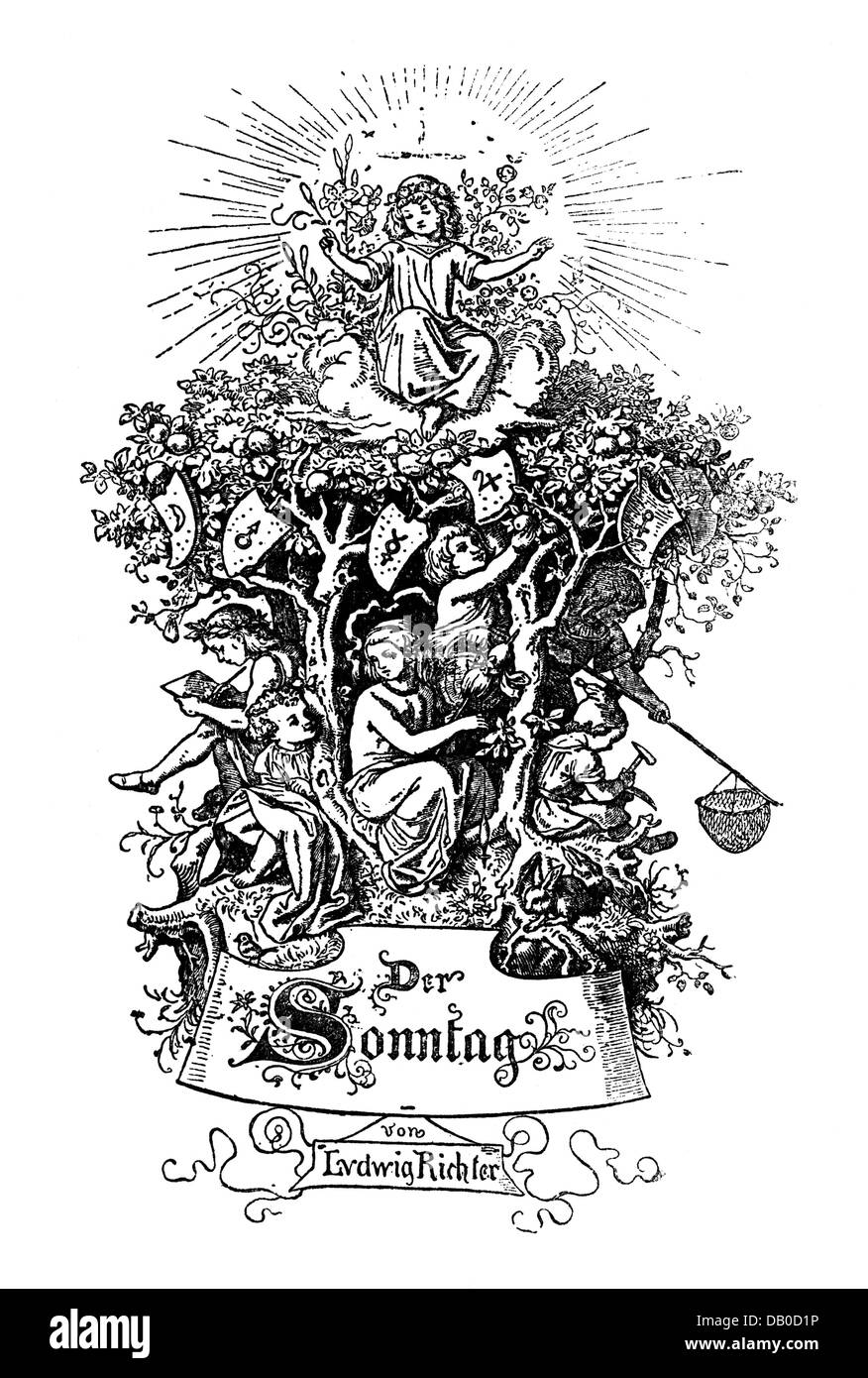 allegories, Sunday, wood engraving after drawing by Ludwig Richter ...