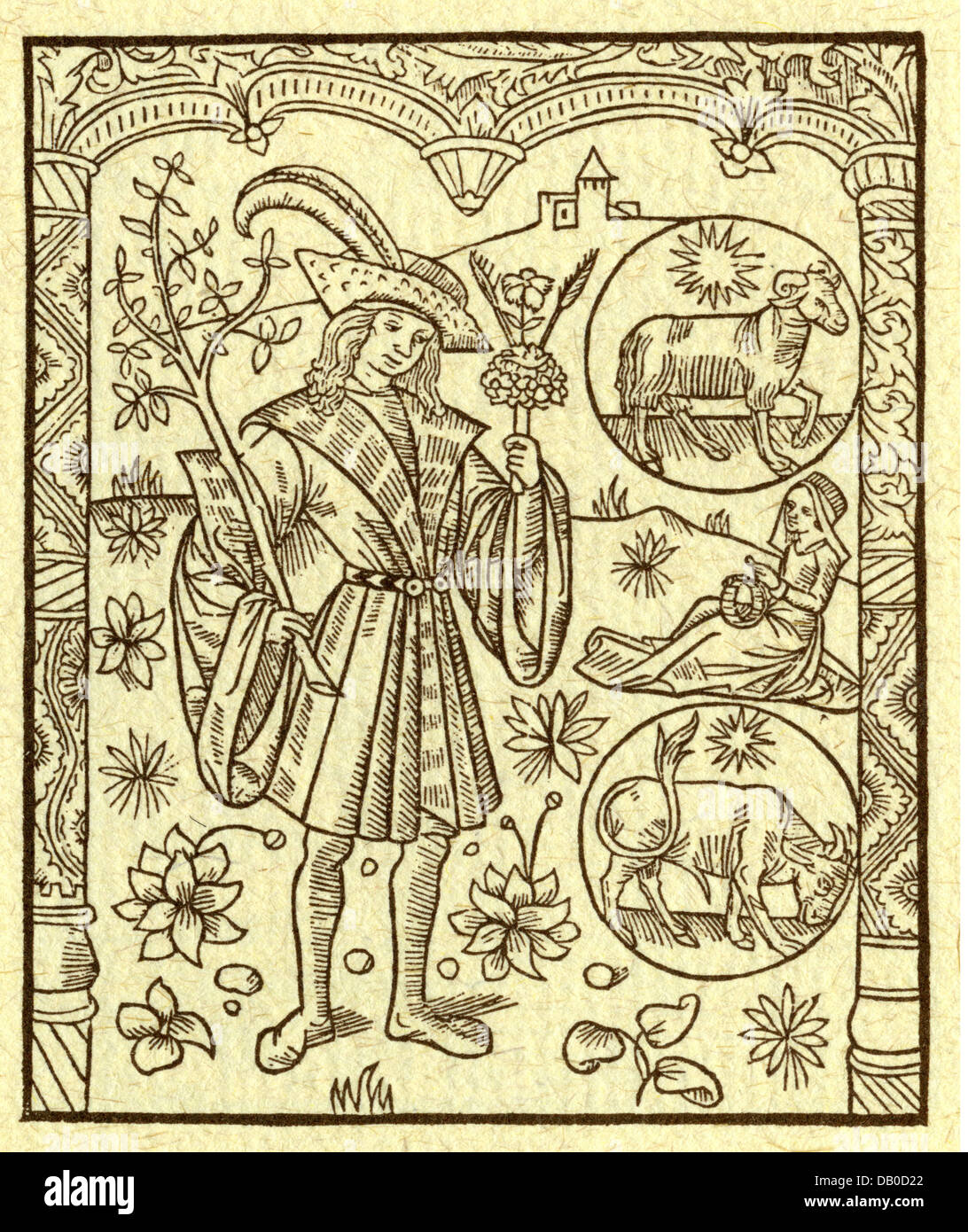 calendarium / calendars, labours of the months, April, woodcut, France ...