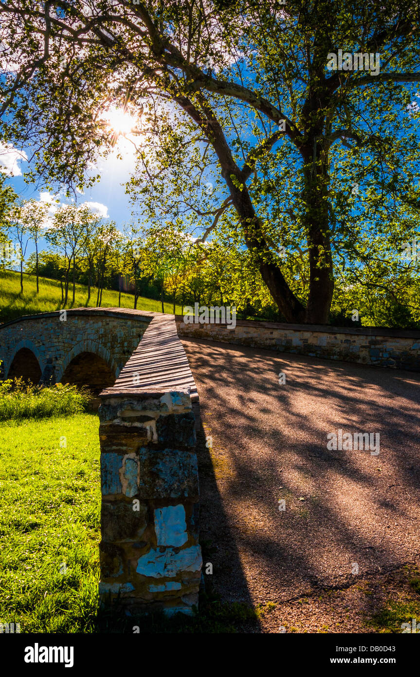 The sun shines through trees over Burnside Bridge, at Antietam National ...