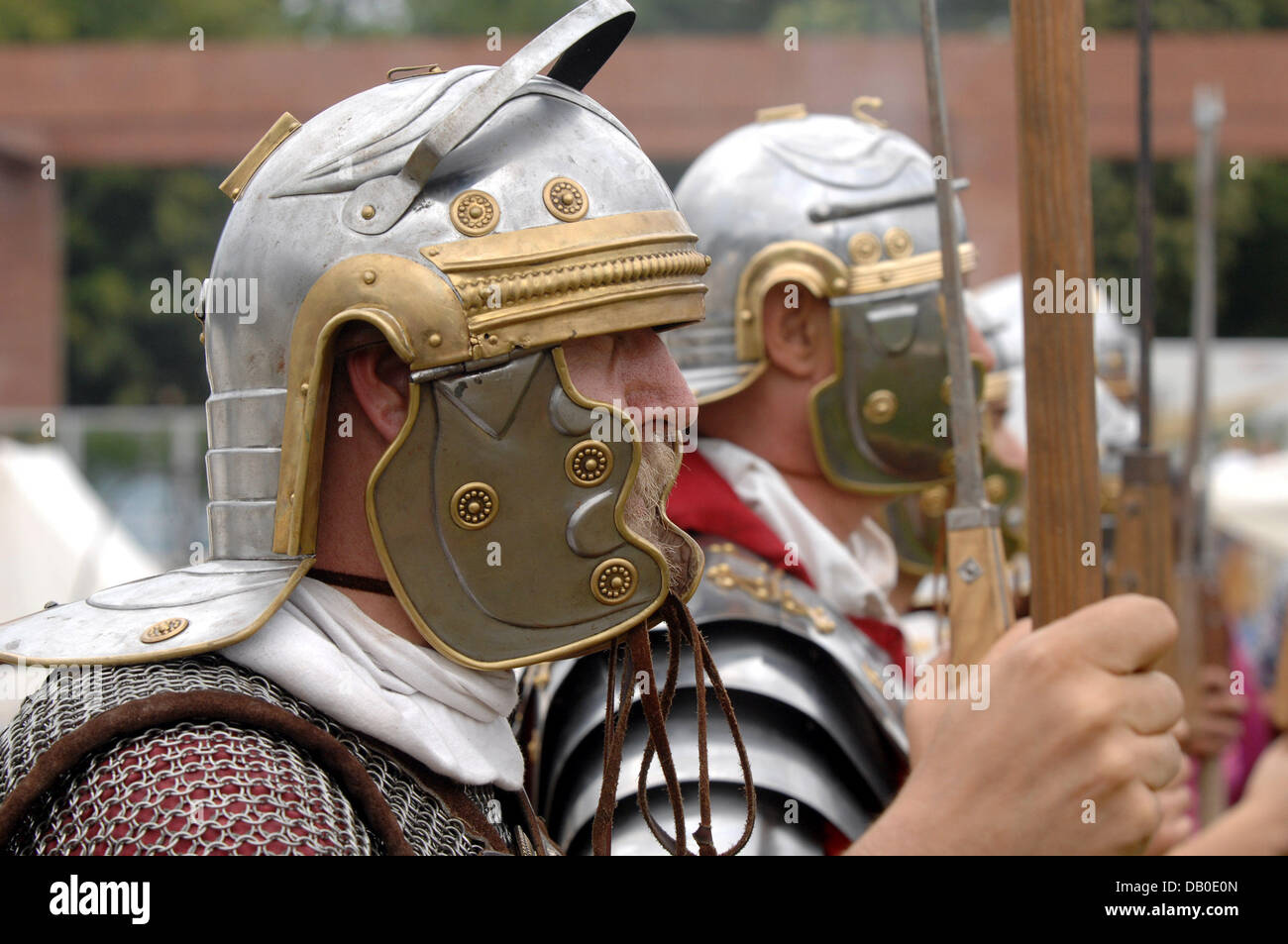 Members of the Roman cohort Niederrhein await their orders on the drill ...
