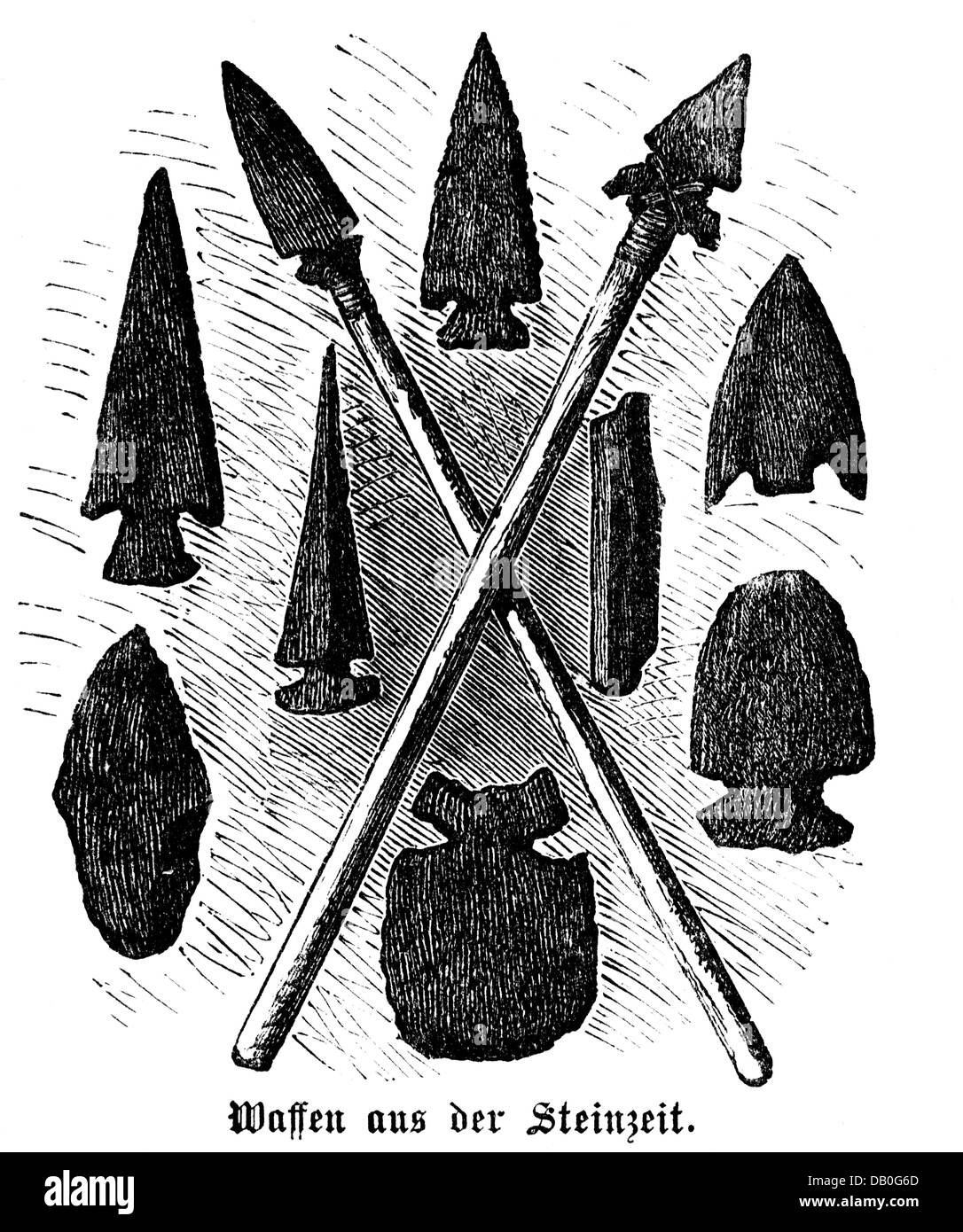 weapons, pole weapon, spears and spearheads from the Stone Age, wood ...