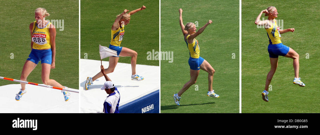 The picture combo shows Swedish heptathlete Carolina Klueft cheering ...