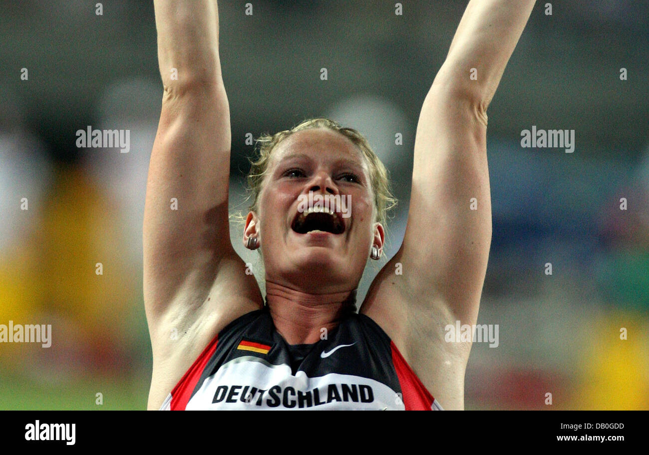 German shotput athlete Nadine Kleinert celebrates winning the bronze ...