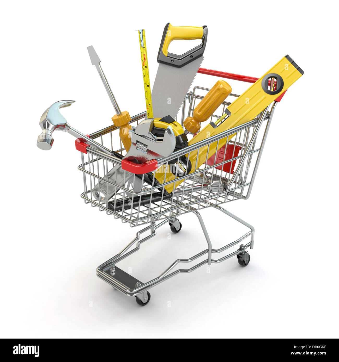 E-commerce. Tools and shopping cart on white isolated background. 3d ...