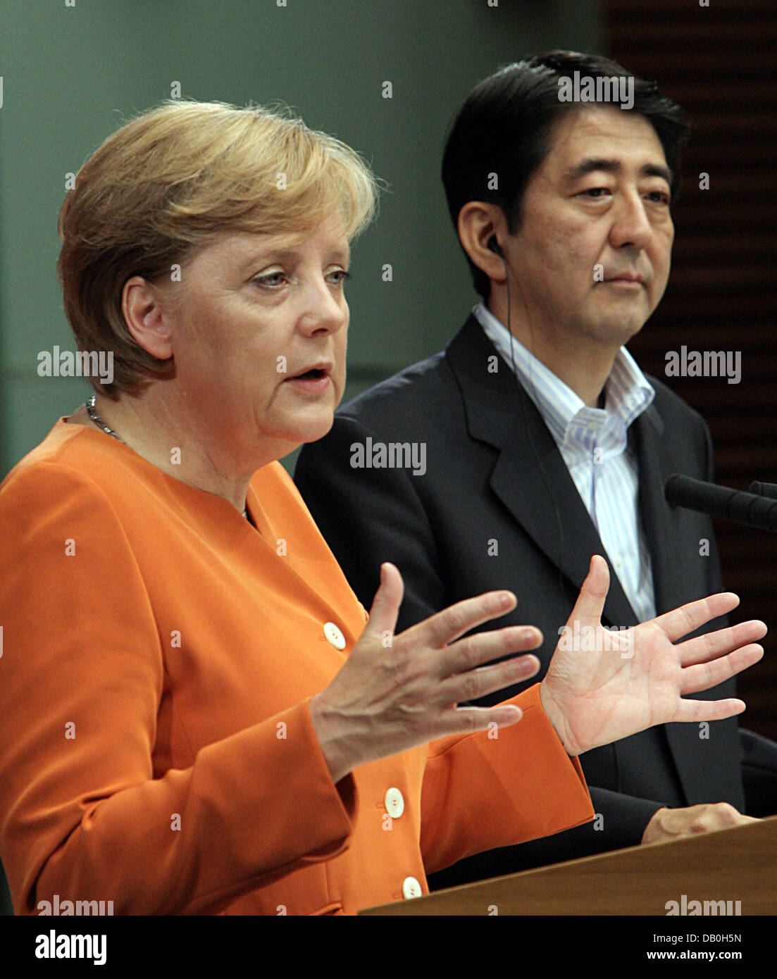 German Chancellor Angela Merkel and Japanese Prime Minister Shinzo Abe ...
