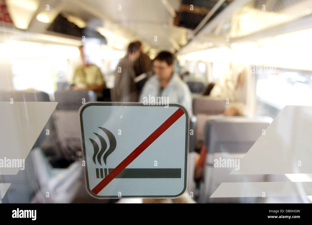 A no-smoking sign pictured in a compartment of a Deutsche Bahn train ...