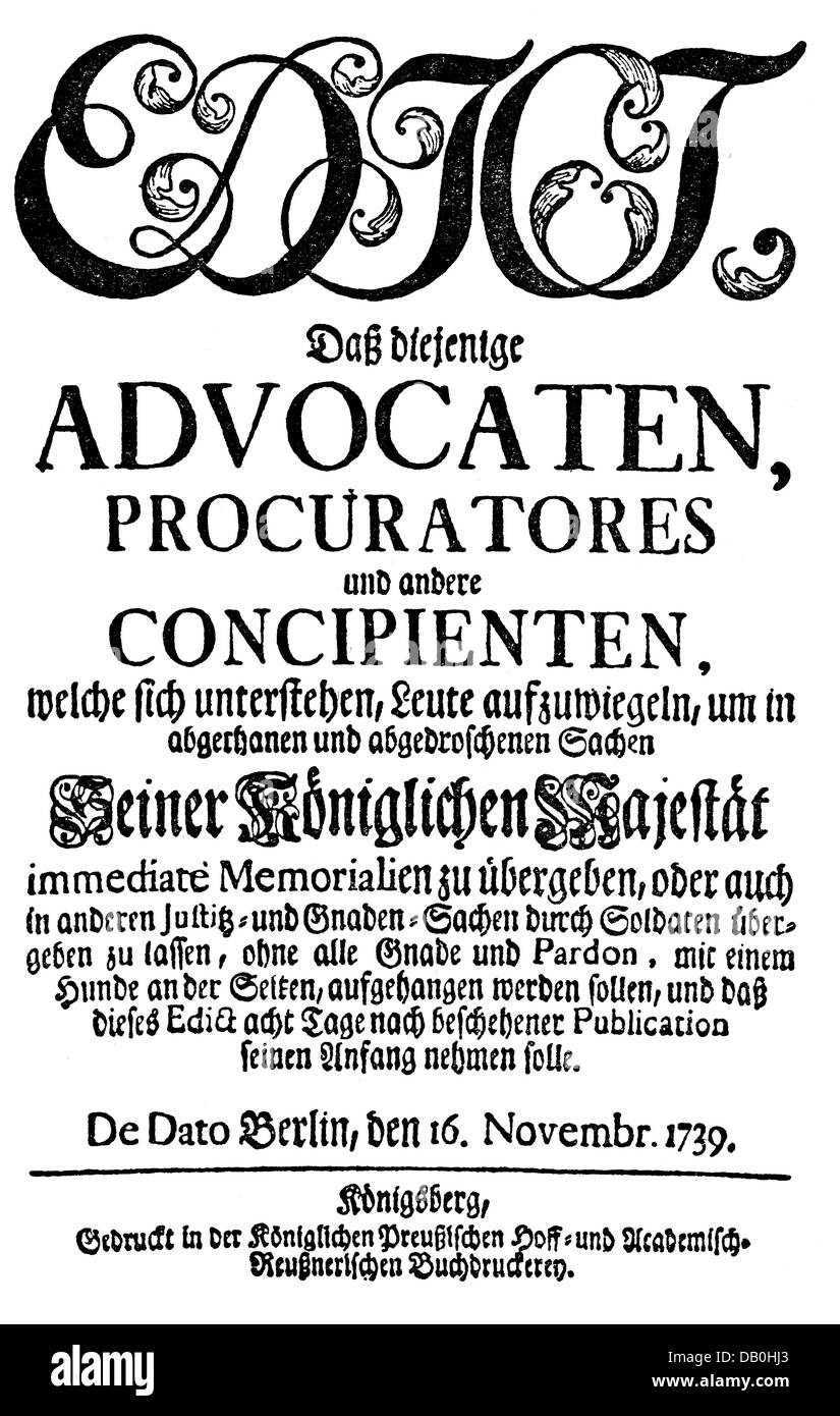justice, laws, edict against unnecessary litigating by King Frederick ...