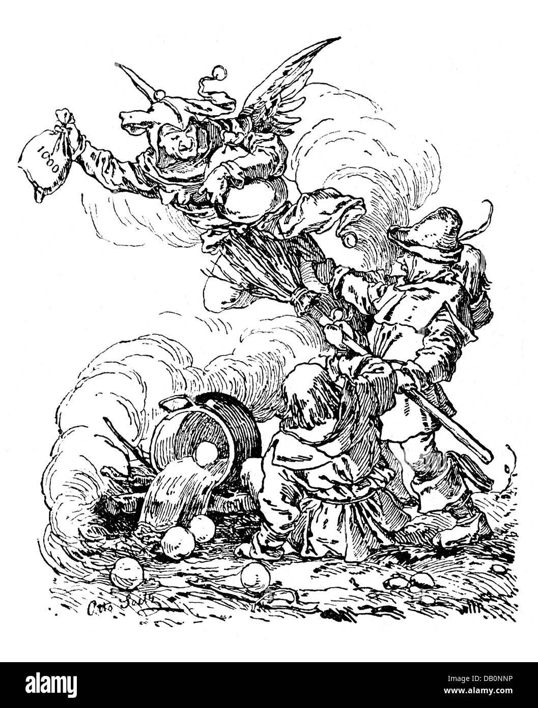 festivities, carnival, jester stealing money mag from three men during ...