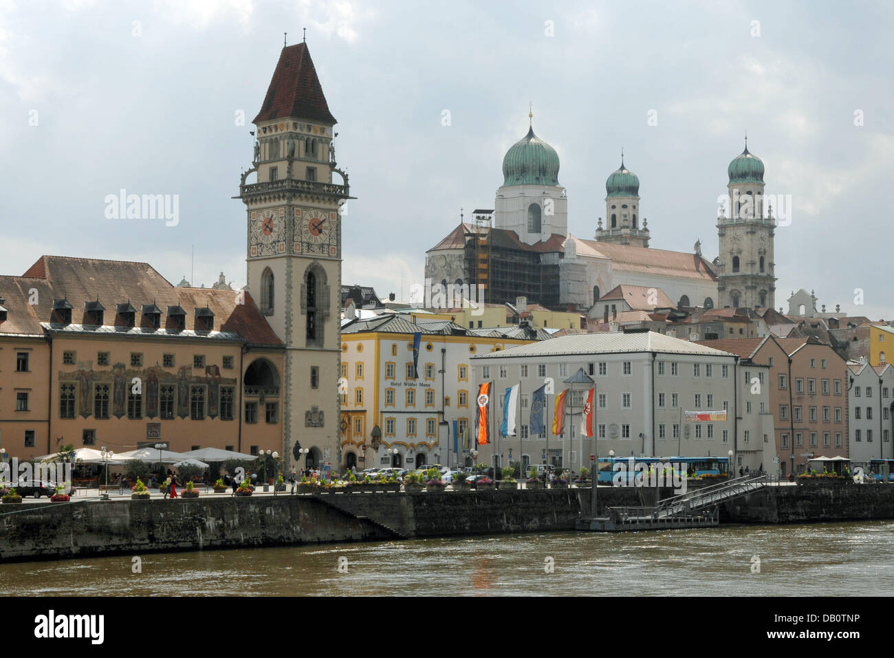 The photo depicts the historic city centre of Passau featuring the City ...