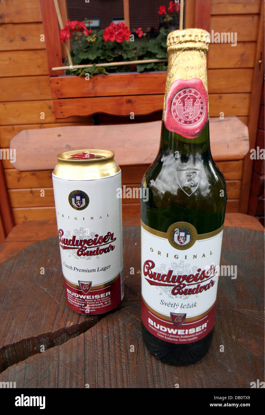 The picture shows a can and a bottle of Budweiser beer in Prague, Czech ...