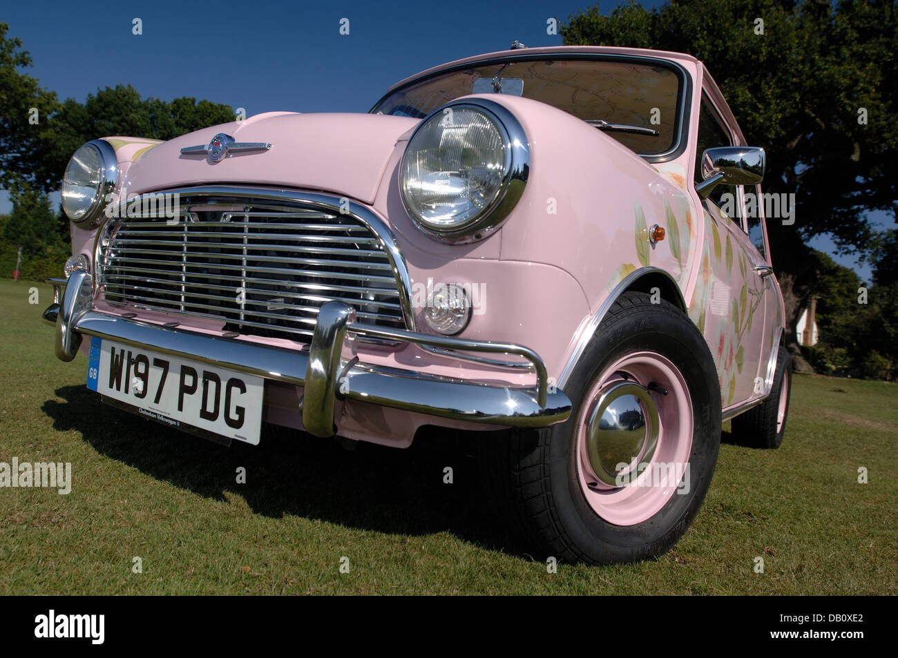 Pink Austin Mini Seven with floral design against a blue sky in a ...