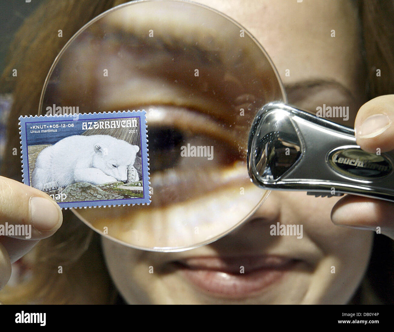 A hostess uses a magnifier to present an Azerbaijani 'Knut' postage ...
