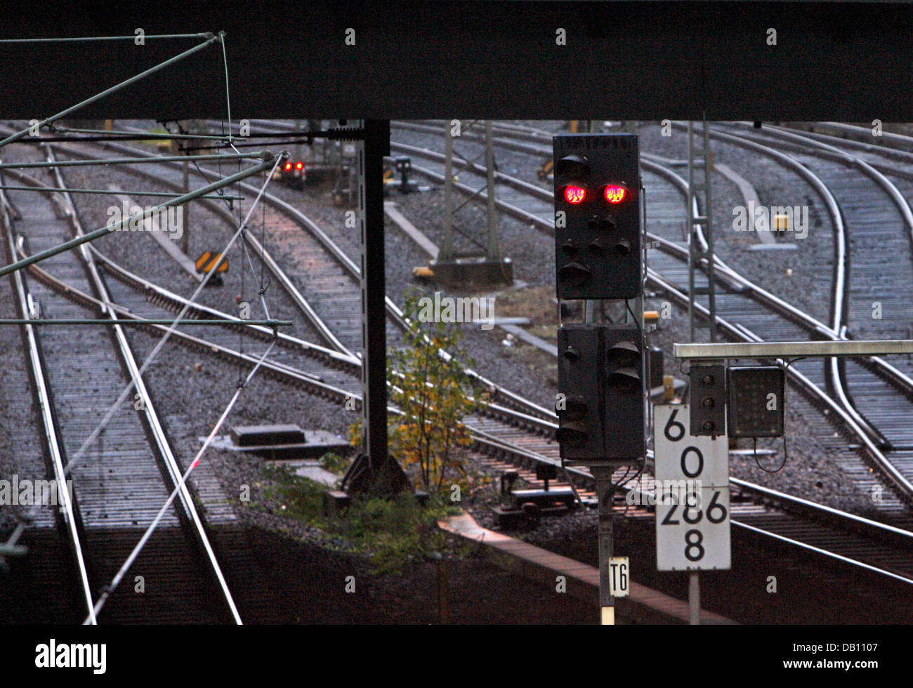 A signal is on red at the main train station in Hamburg, Germany, 18 ...