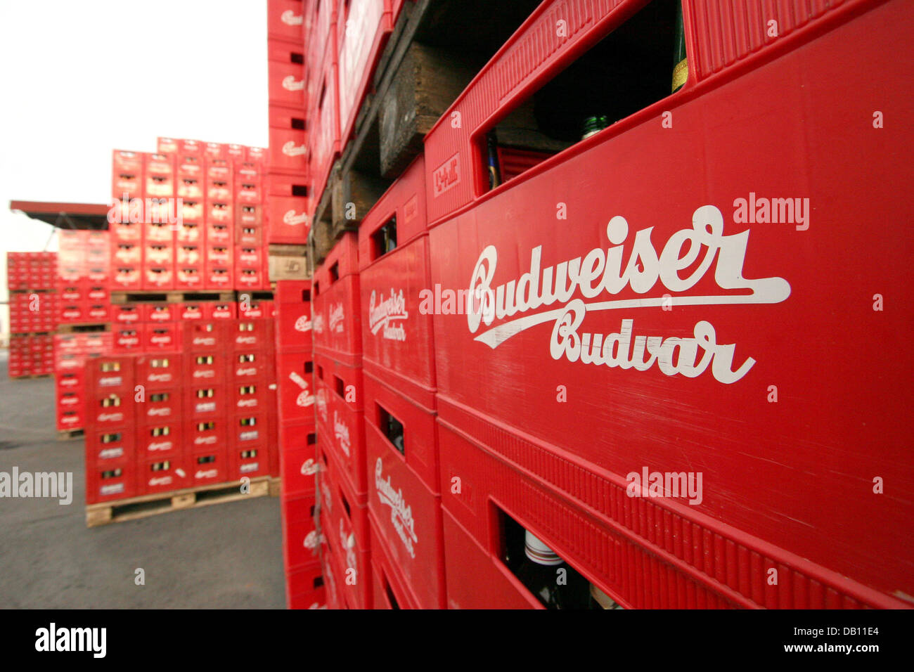 FILE - The picture shows piled-up beer crates of the 'Budweiser Budvar ...
