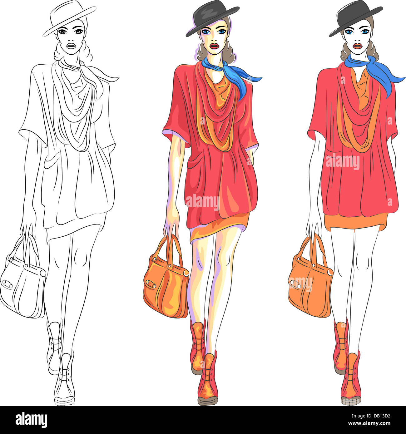 set beautiful fashion girl top model in three versions: the first - a ...