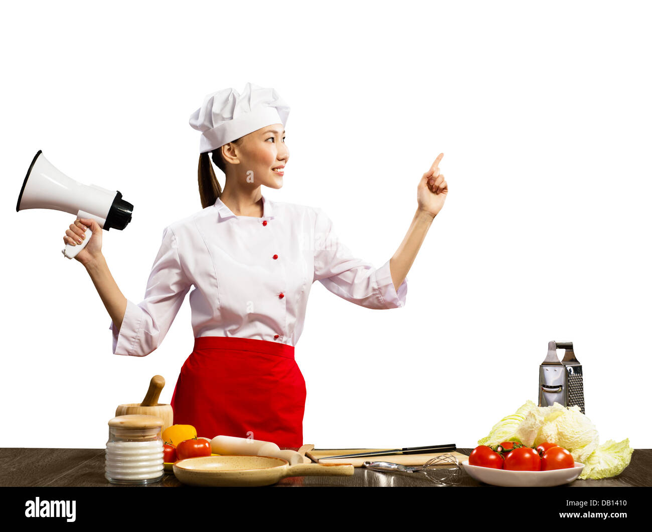 Asian female chef holding a megaphone Stock Photo - Alamy