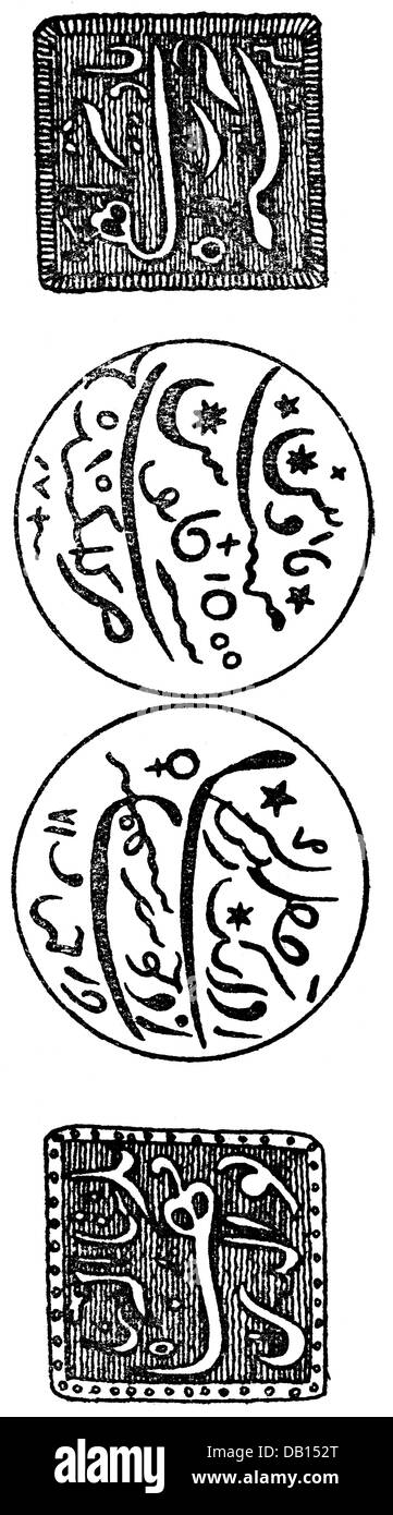 money / finances, coins, India, rupee of the Mughal emperor, wood ...