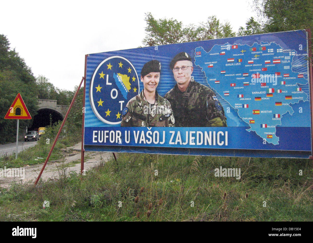 An sign promotes the EUFOR troops in Sarajevo, Bosnia Hercegoviana, 19 ...