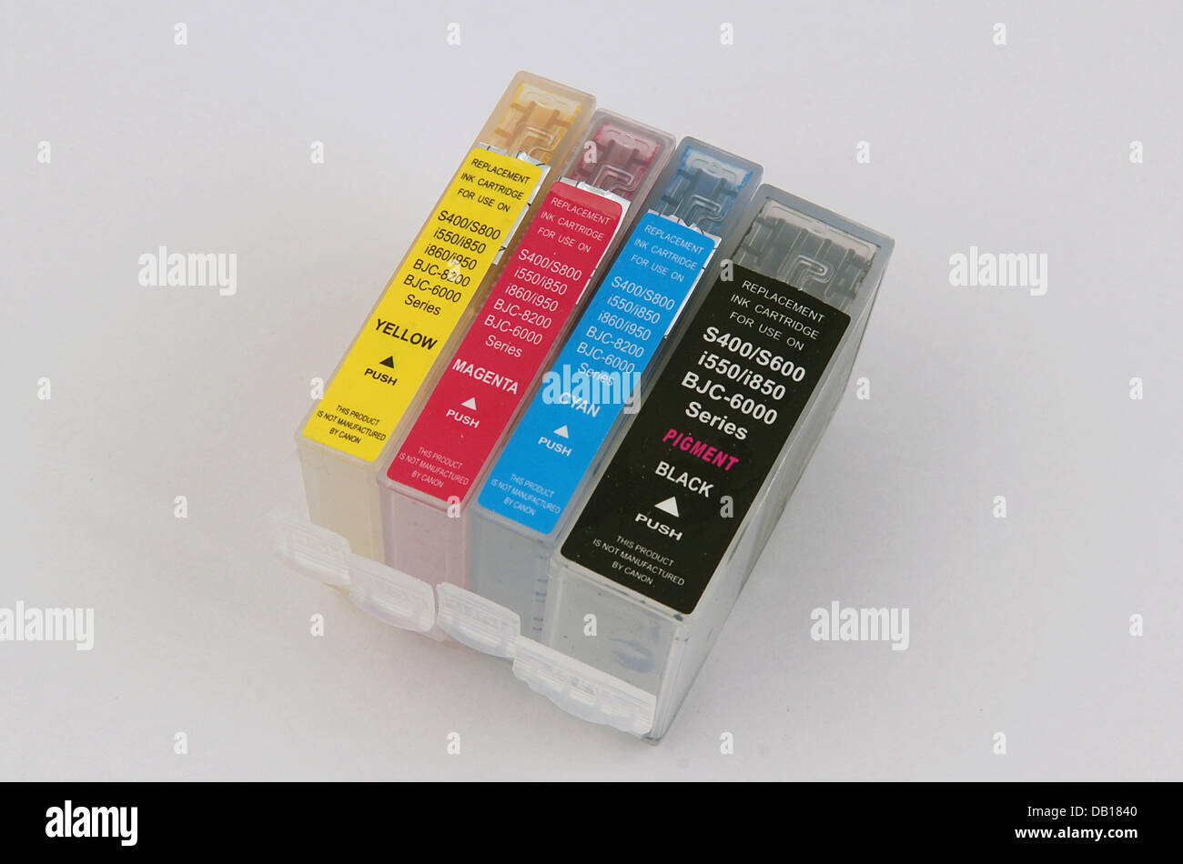 The picture shows a set of colour cartridges (cyan, magenta, yellow ...