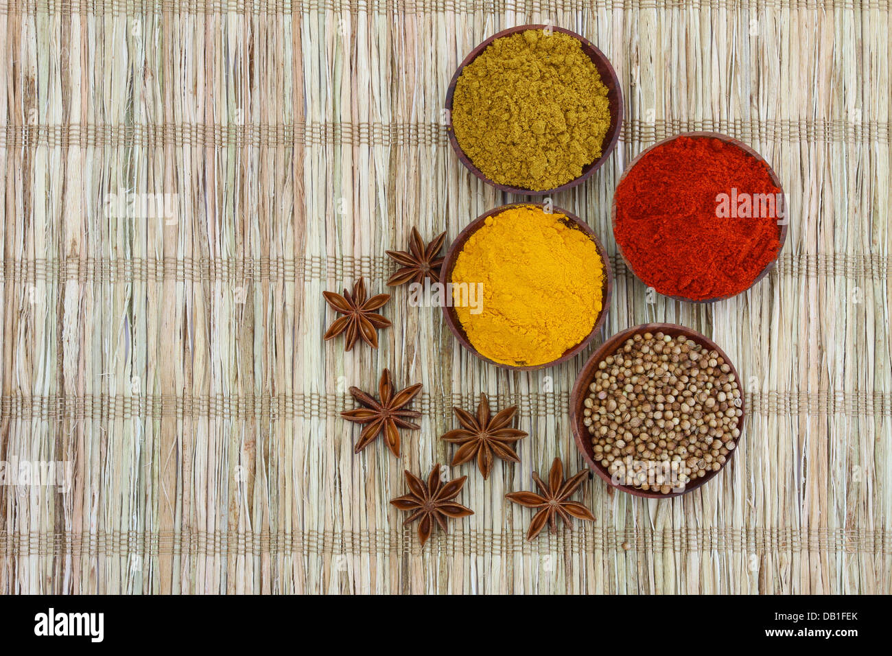 Selection of Indian spices on bamboo mat with copy space Stock Photo ...