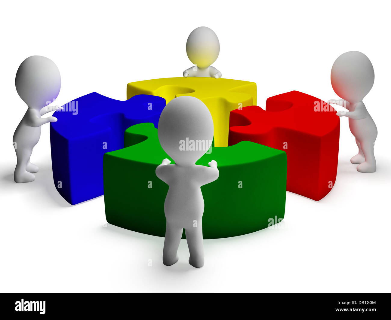 Puzzle Solved And 3d Characters Showing Unity And Cooperation Stock ...
