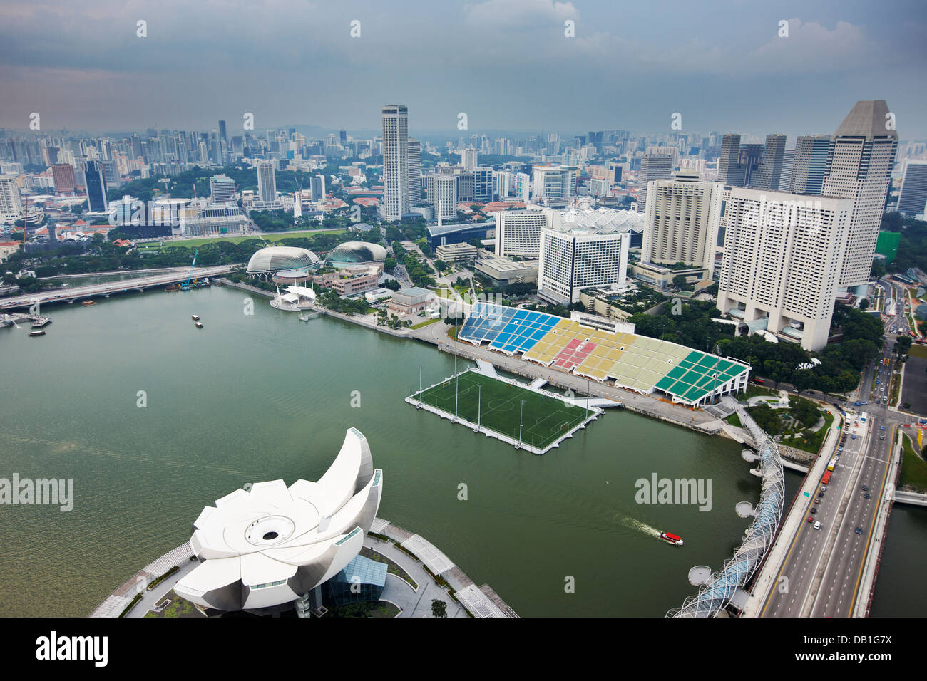 Aerial view of the Marina Bay area with a floating stadium in Singapore ...