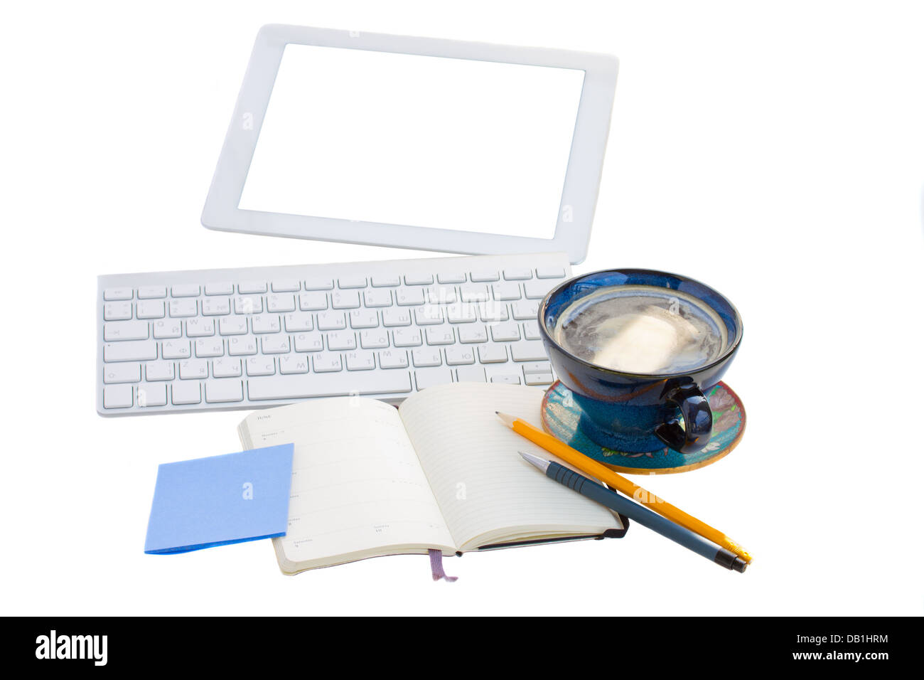 open notebook with key board and tablet Stock Photo - Alamy
