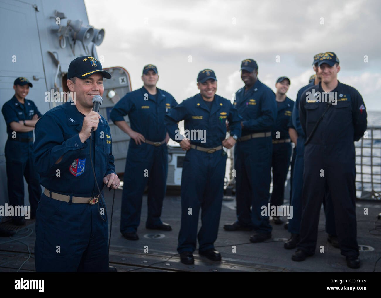 Capt. Paul Lyons, commander of Destroyer Squadron (DESRON) 15, speaks ...