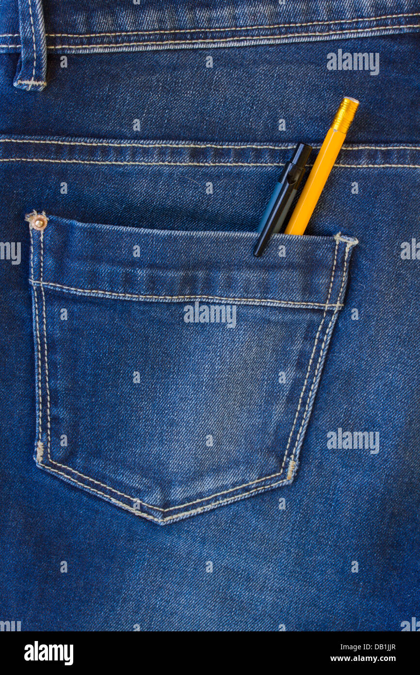jeans pocket with pen and pencil Stock Photo - Alamy