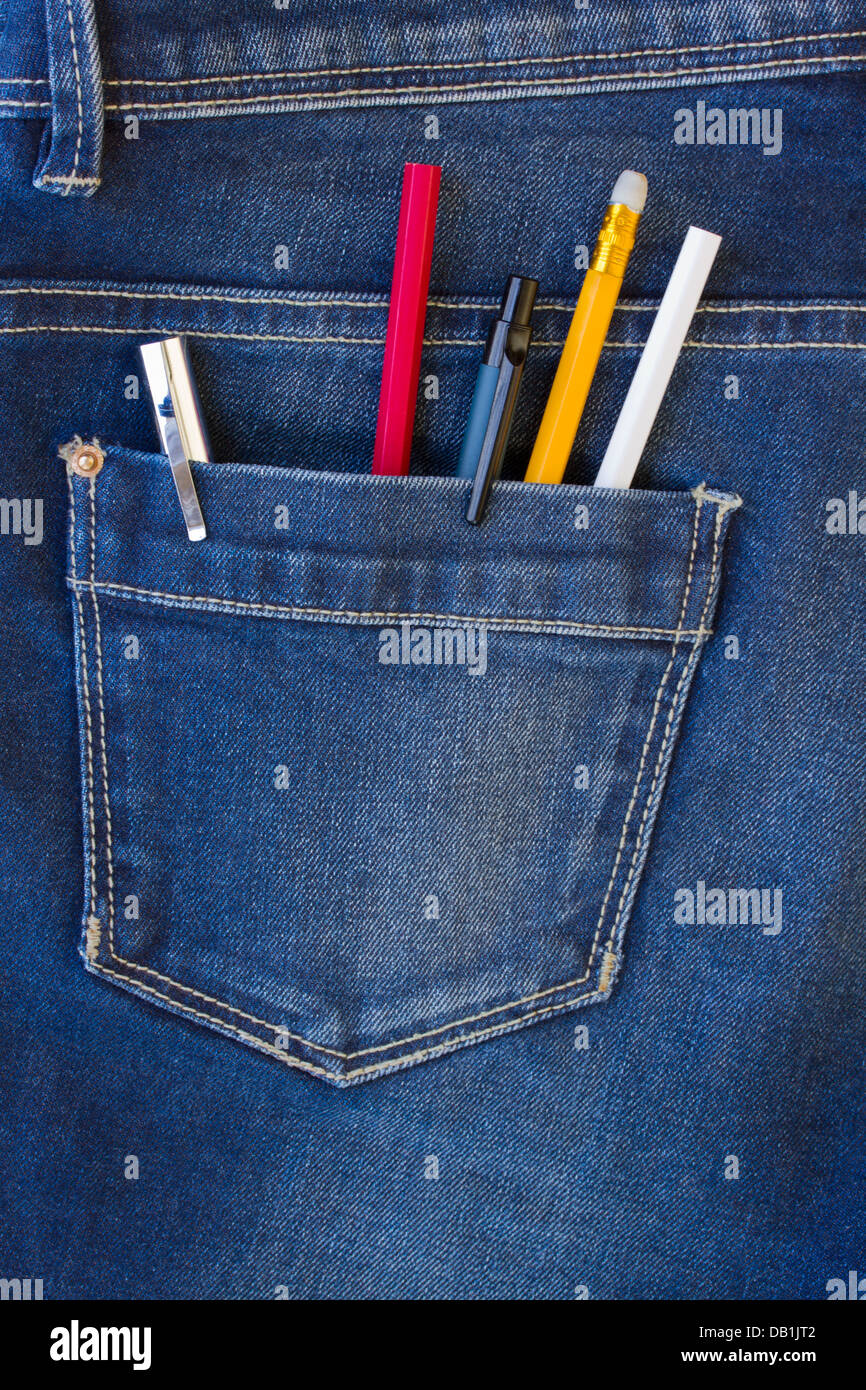 blue jeans pocket full of pens and pencils Stock Photo - Alamy