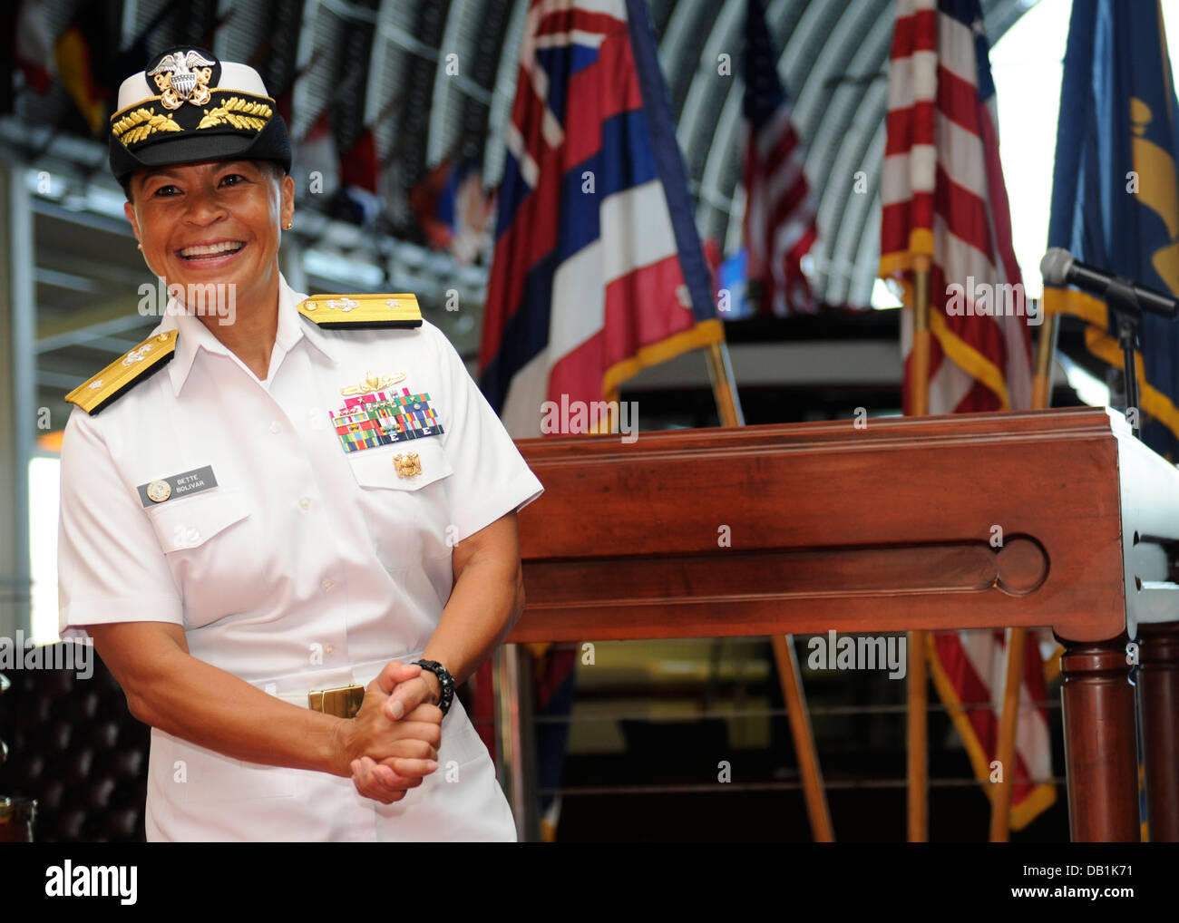 Rear Adm. Bette Bolivar, commander, Navy Region Northwest, gives ...