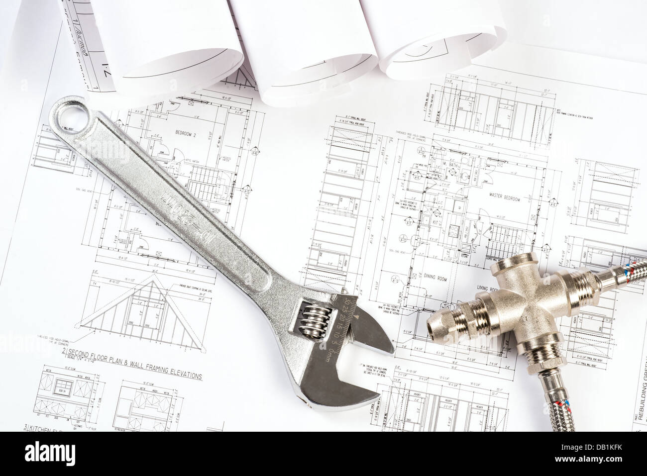 plumbing and drawings, construction still life Stock Photo - Alamy