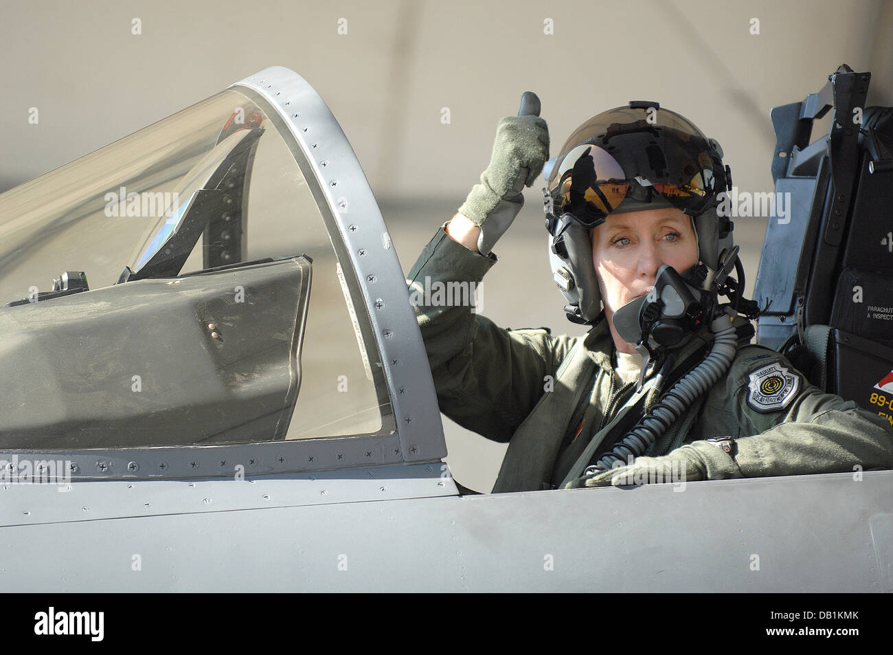 U.S Air Force Col. Jeannie Leavitt, 4th Fighter Wing commander, signals ...