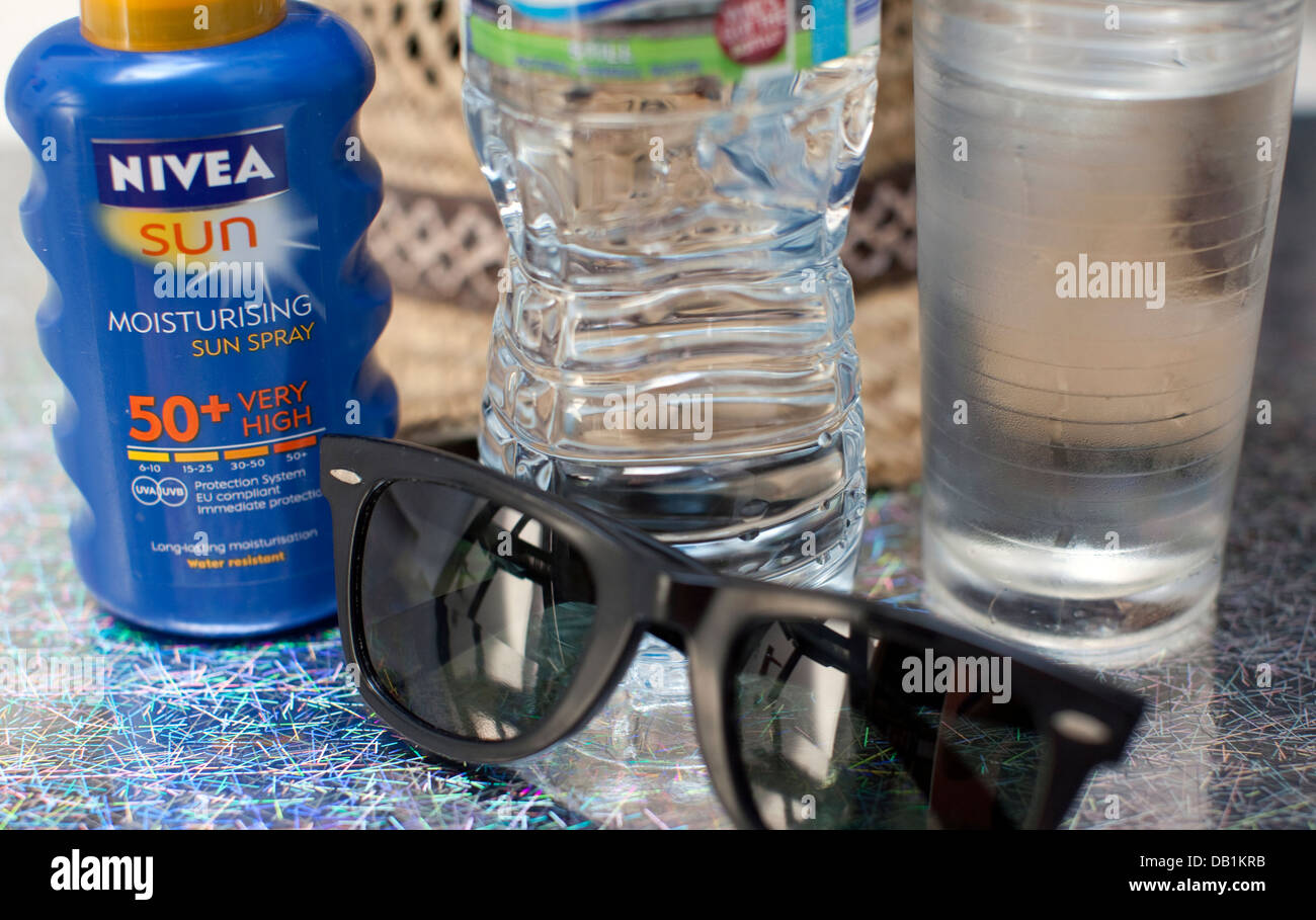 Items for coping with the heatwave, London Stock Photo - Alamy