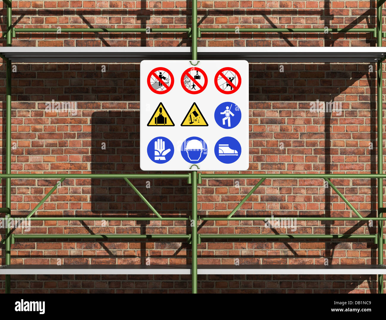 scaffolding in front of a brick facade with safety board sign Stock ...