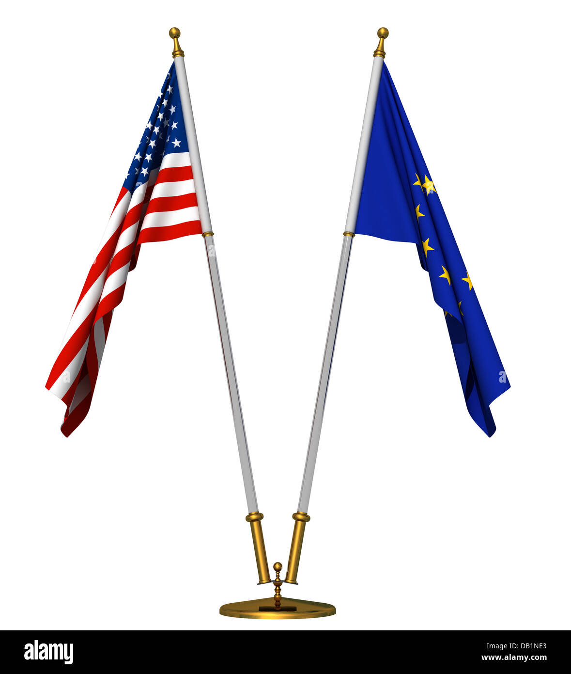 Flags of USA and European union on golden pedestal isolated on white ...