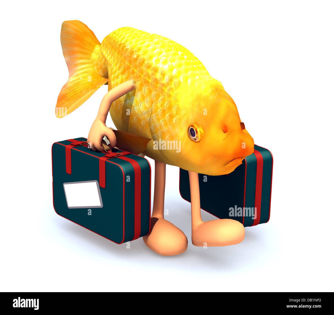 red fish with arms and legs that take a suitcase, 3d illustration Stock ...