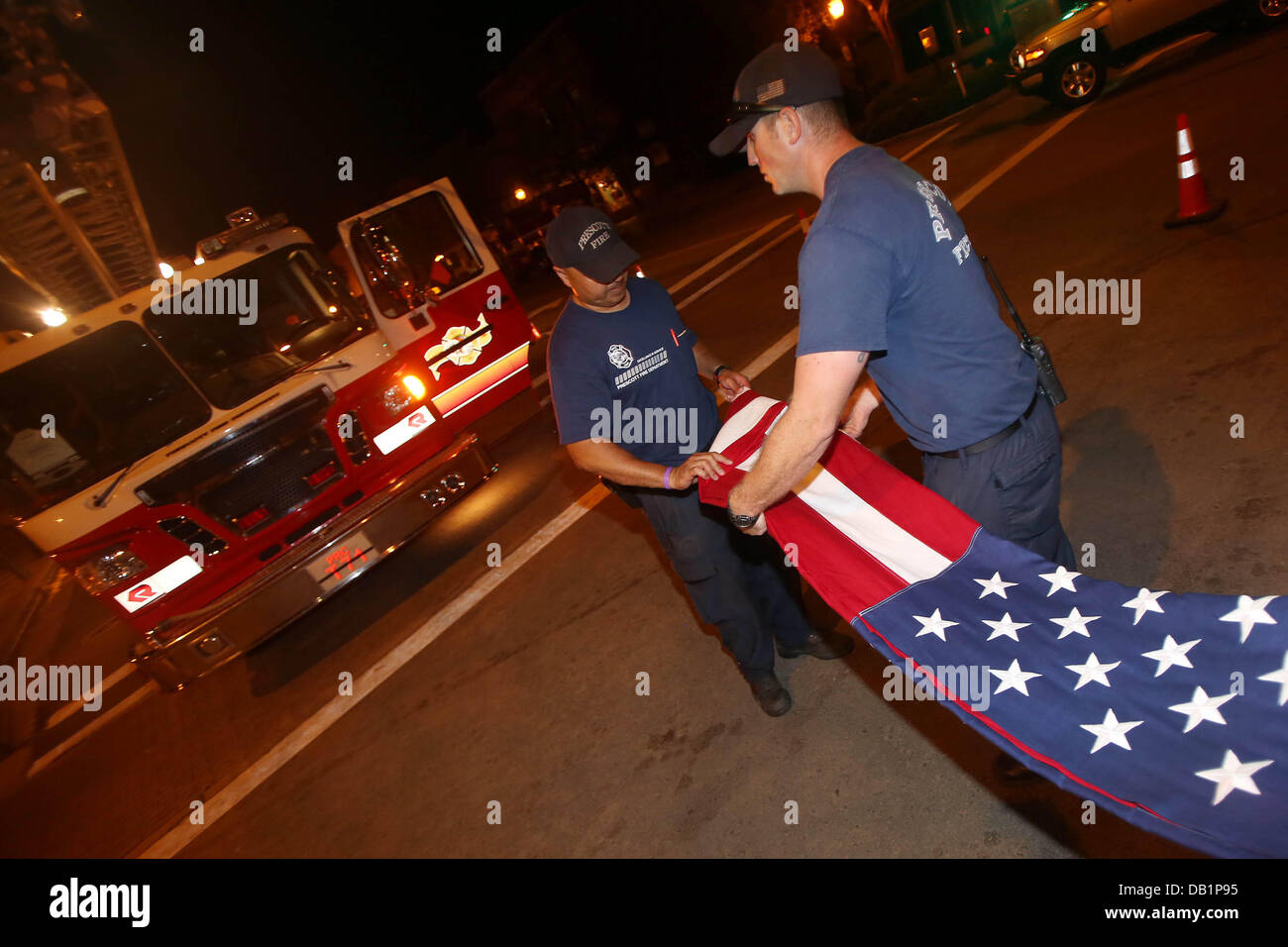 Prescott, AZ, USA. 21st July, 2013. Prescott firefighters fold an ...