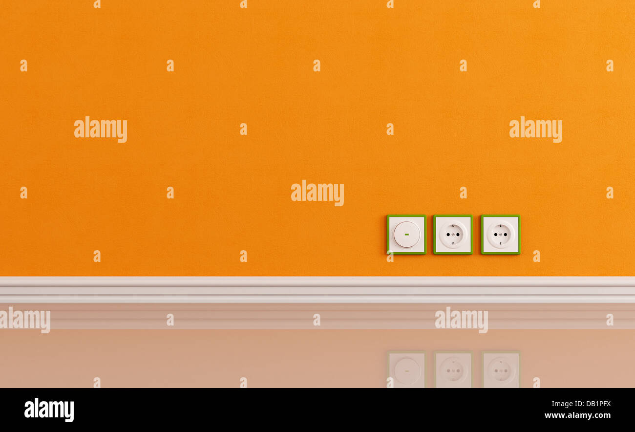 Wall outlets on the orange wall in a empty room - rendering Stock Photo ...