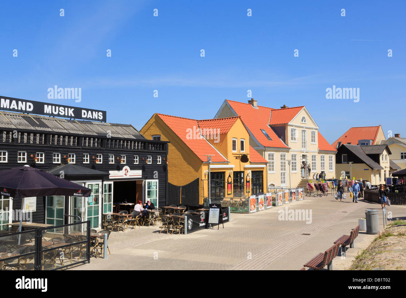 Restaurants and shops in seaside resort town of Lokken, Jutland ...