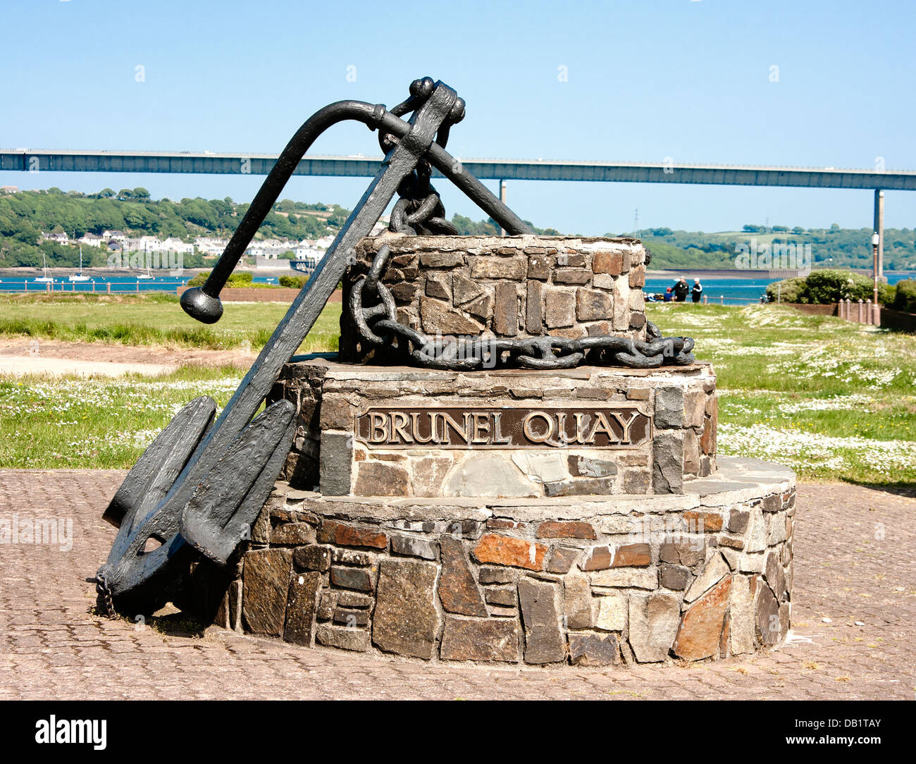 Anchor resting against Brunel Key marker, Neyland, Pembrokeshire, Wales ...