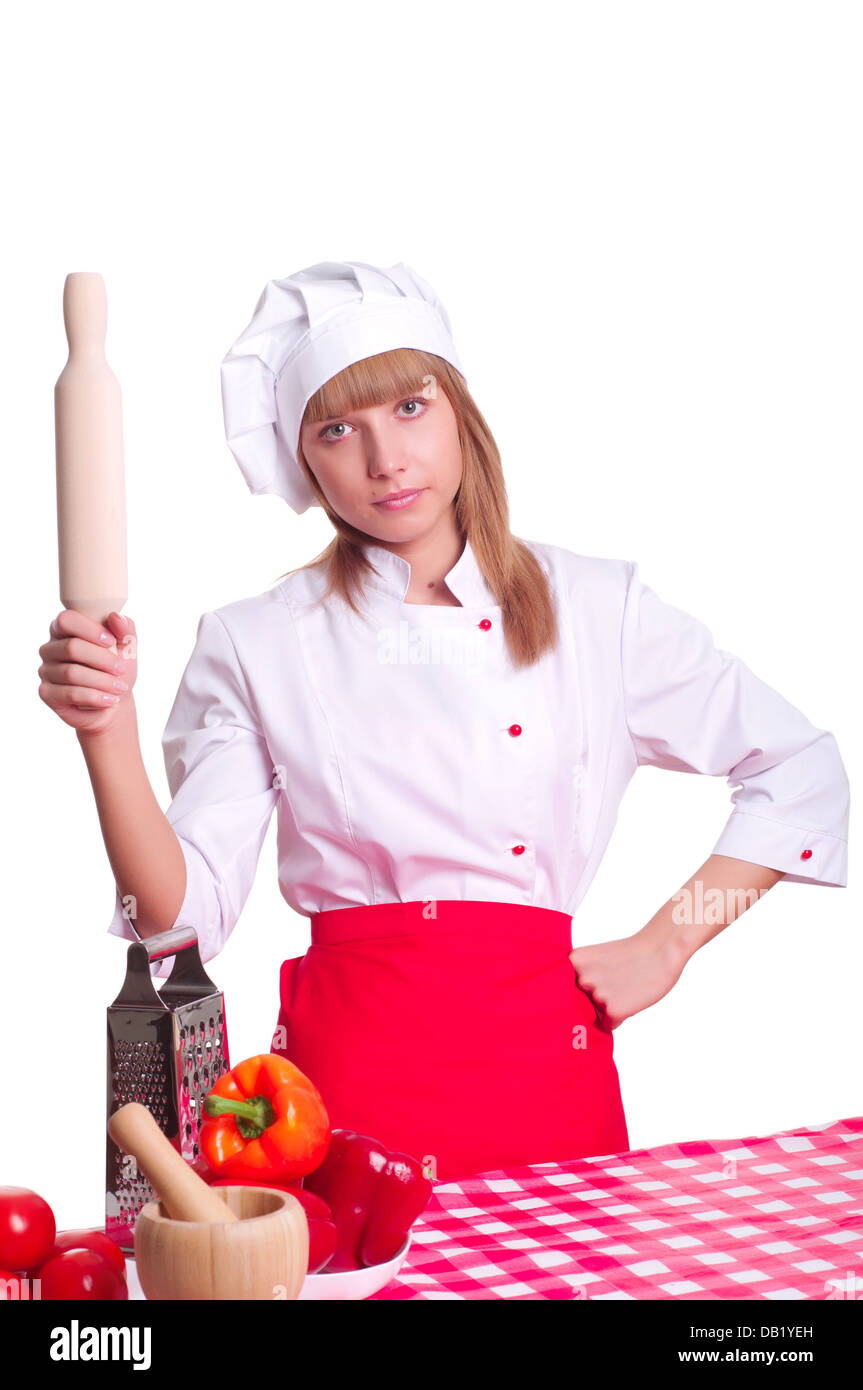 Attractive cook woman a over white background Stock Photo - Alamy