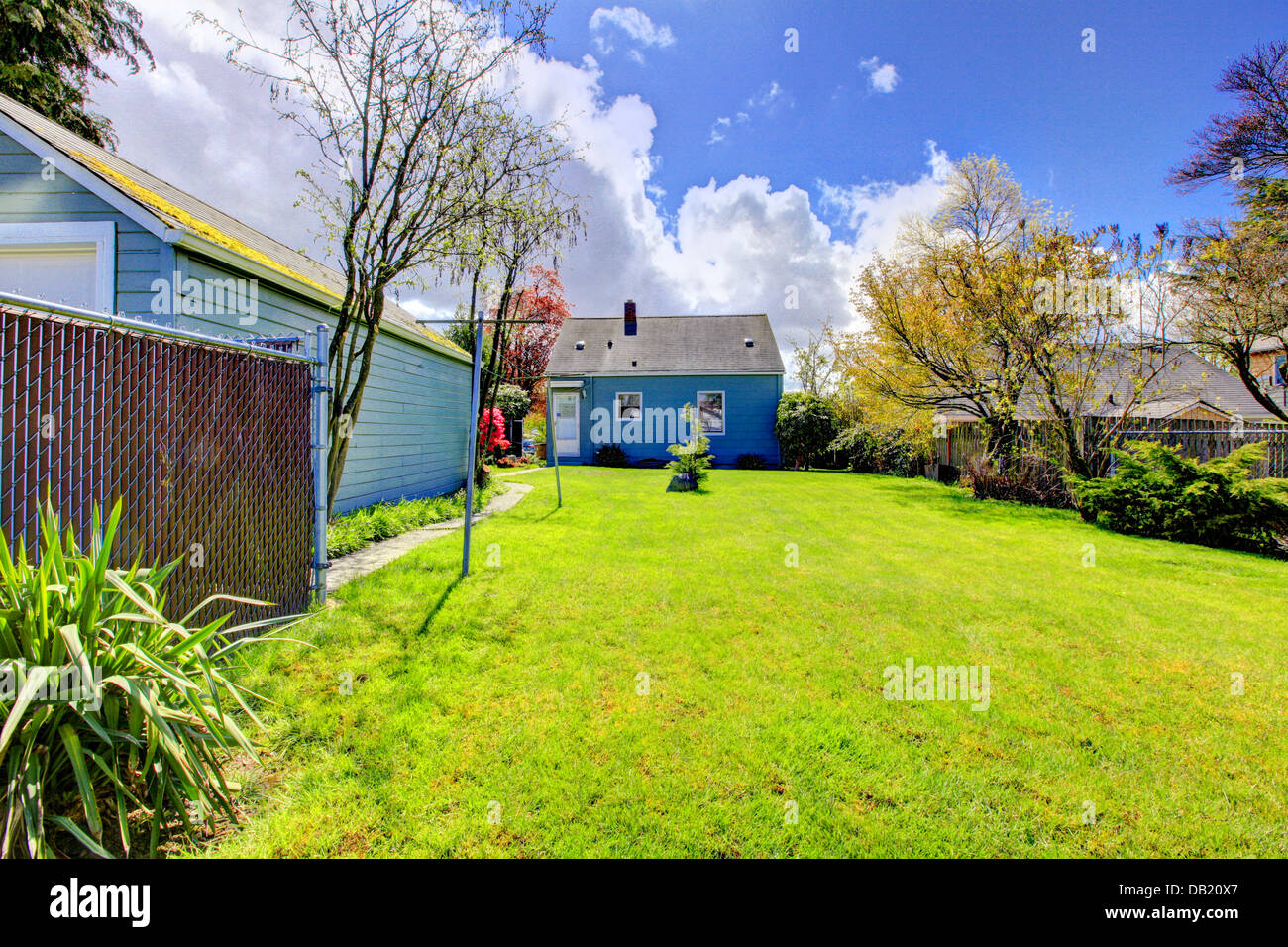 Backyard with small blue house and bright green spring grass Stock ...