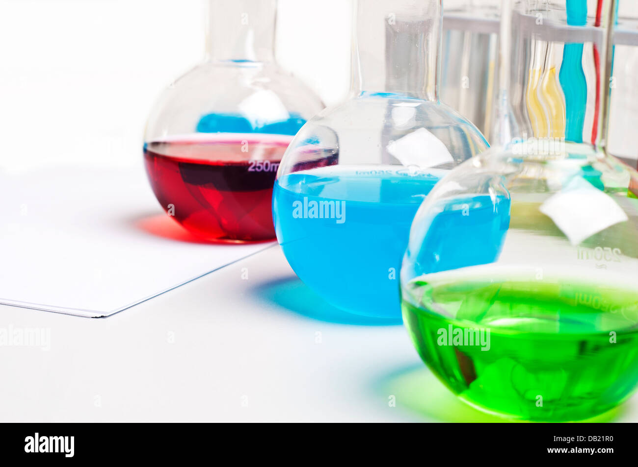 lab flasks with colored liquids, lab workplace Stock Photo - Alamy