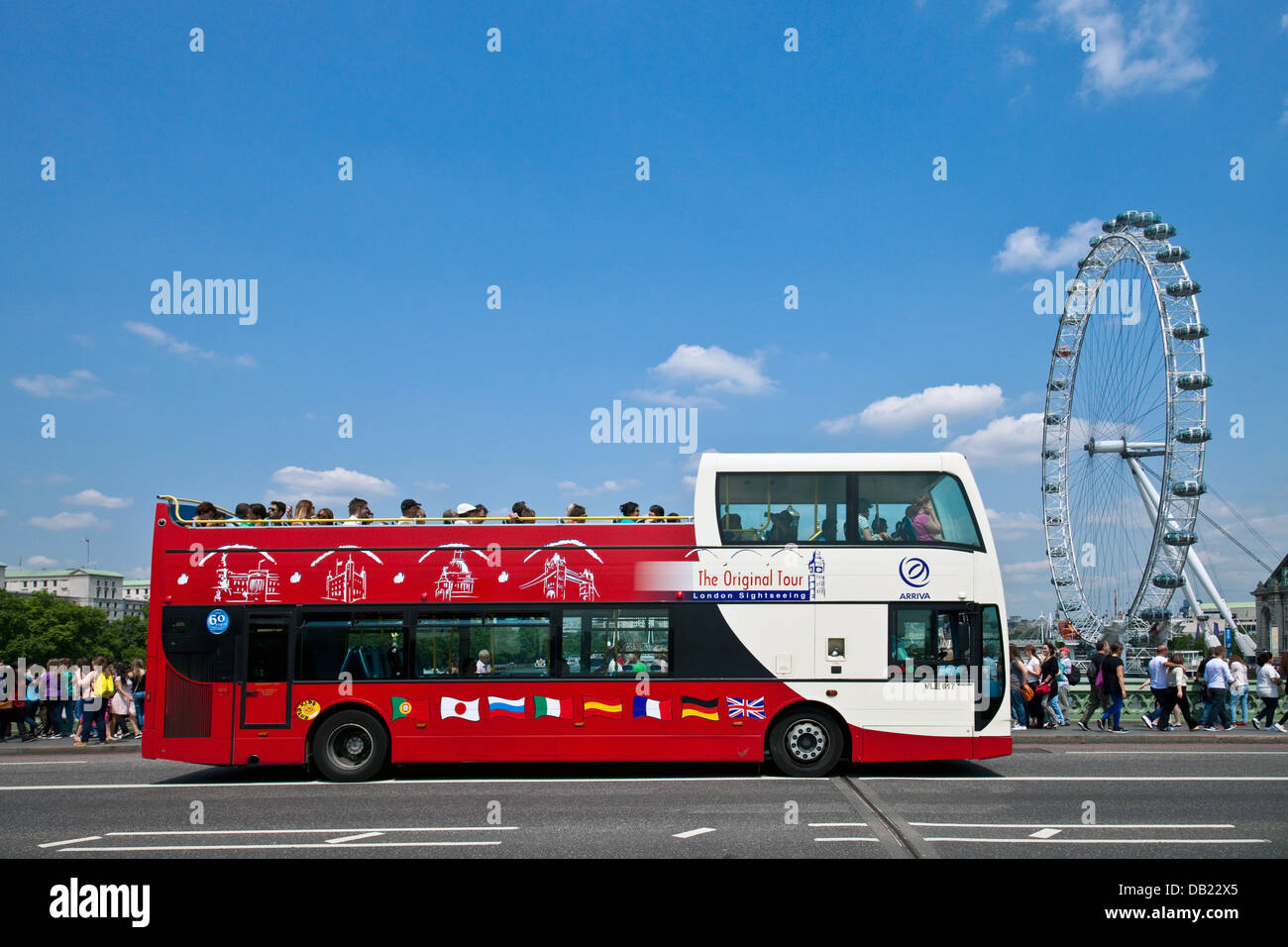 London Tour Bus Crossing Westminster Bridge, London, England Stock ...