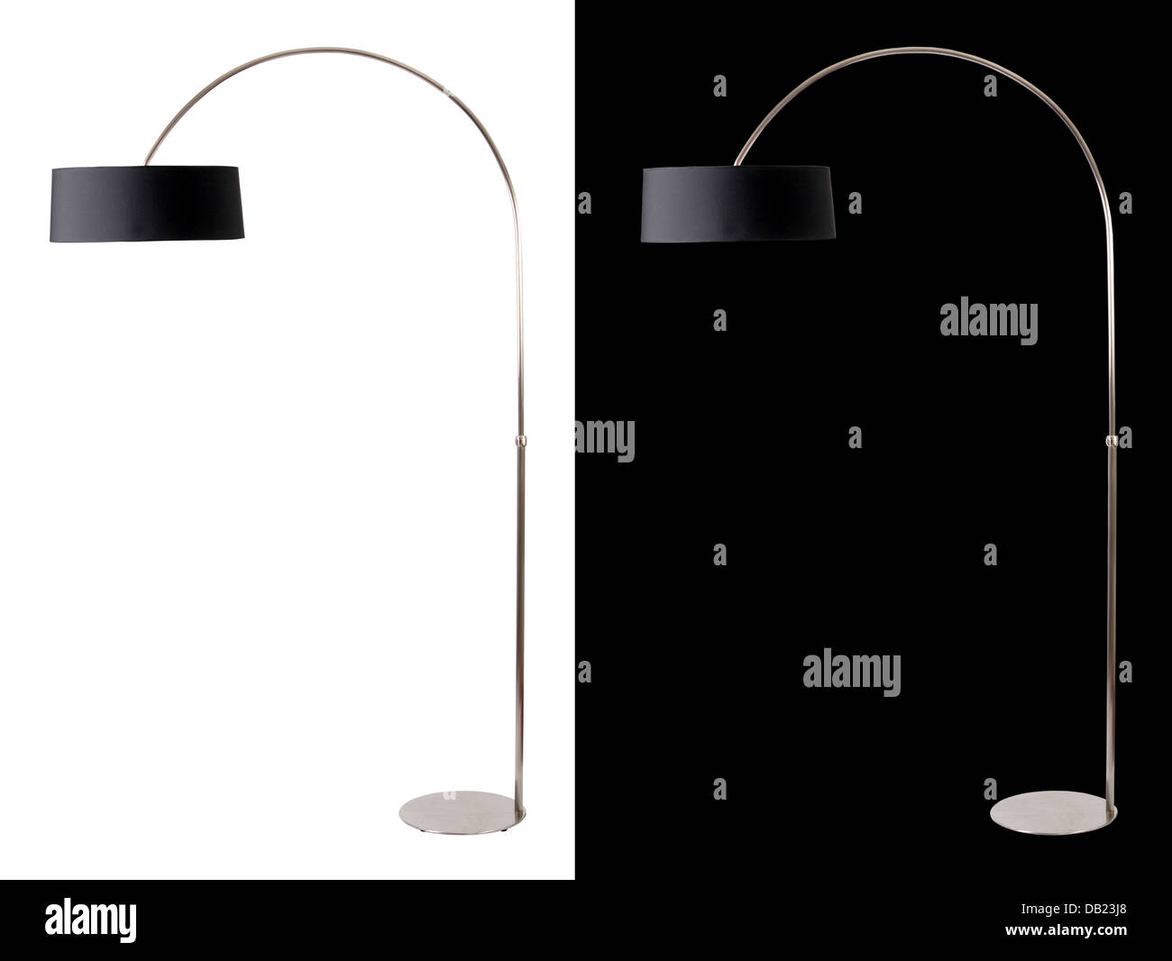Modern black floor lamp isolated over white and black background Stock ...