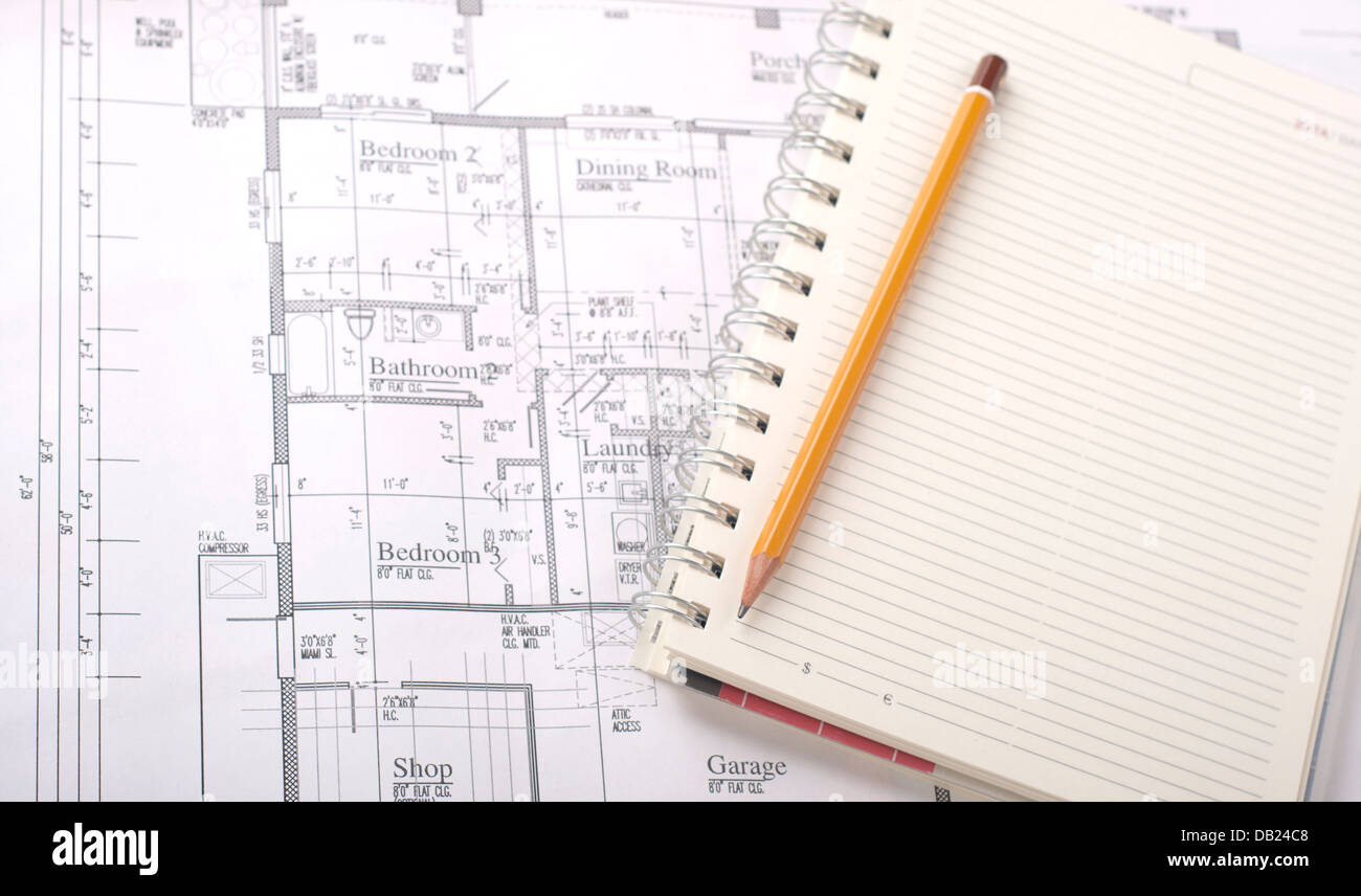 Drawings, notepad and pencil Stock Photo - Alamy
