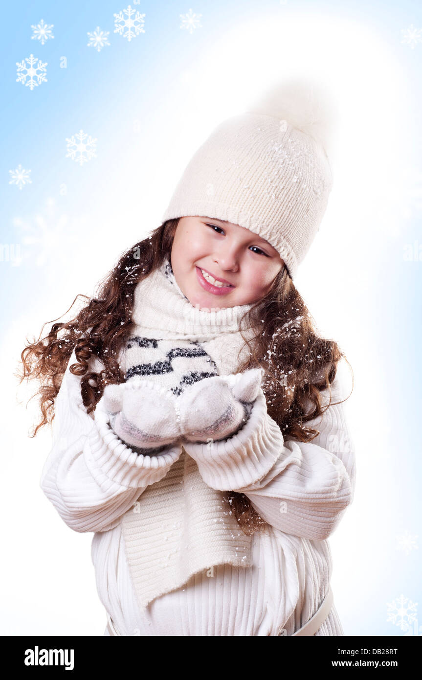 Winter Girl snow flake blue background Stock Photo - Alamy
