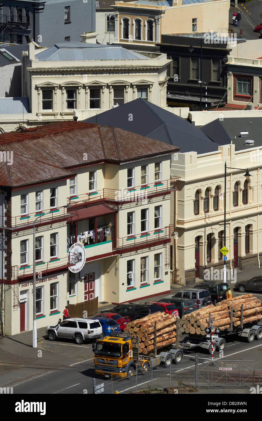 Historic buildings and logging truck, Port Chalmers, Dunedin, Otago ...